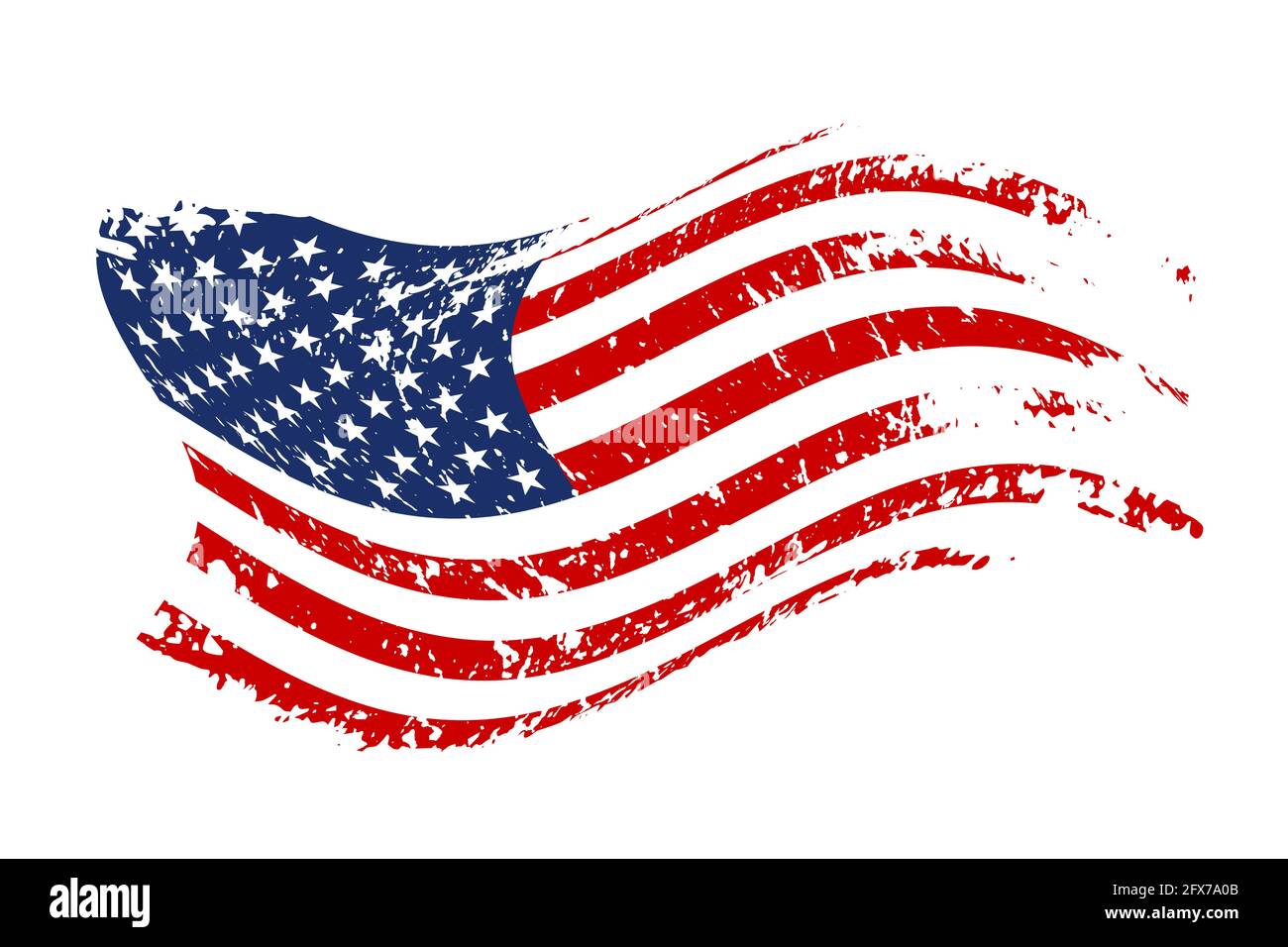Grunge waving American flag isolated on white background. Scretched USA ...