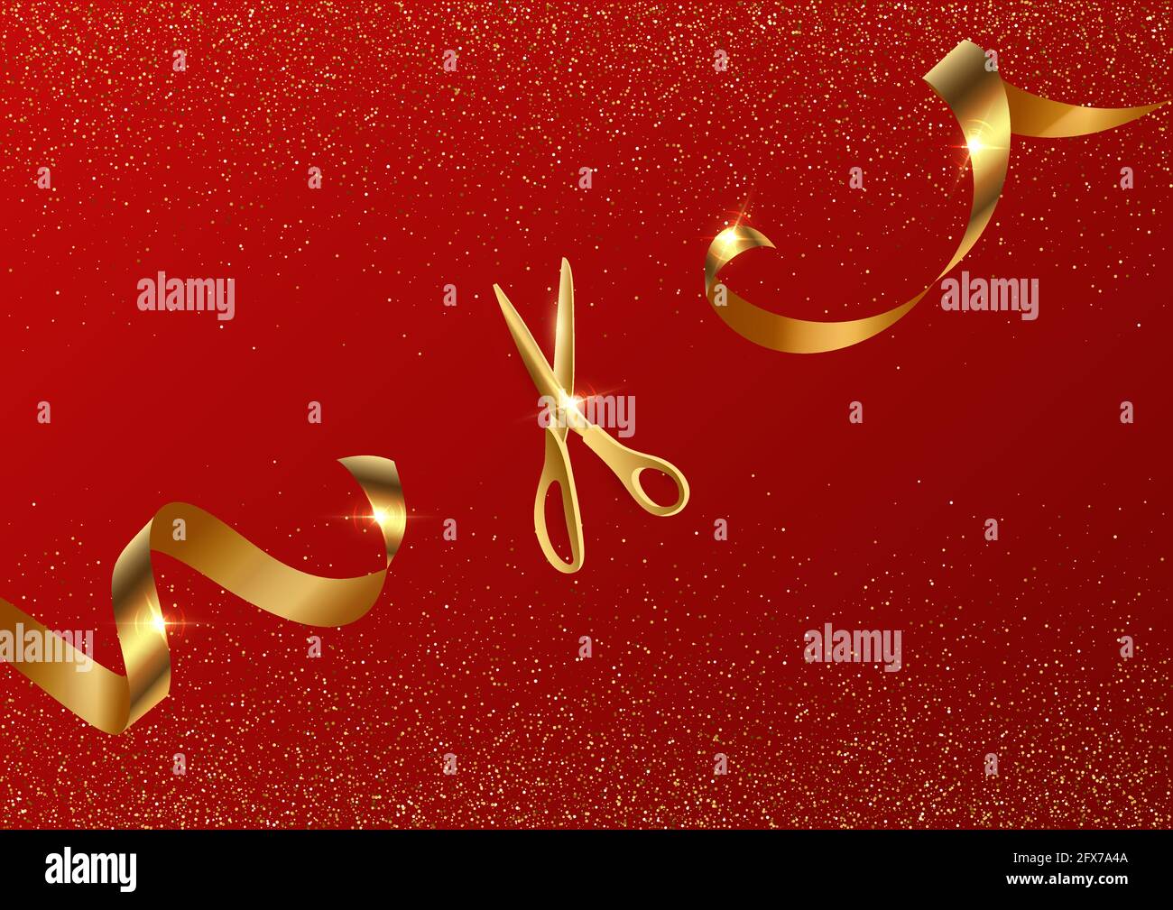 Golden scissors cut ribbon realistic illustration. Grand opening ...