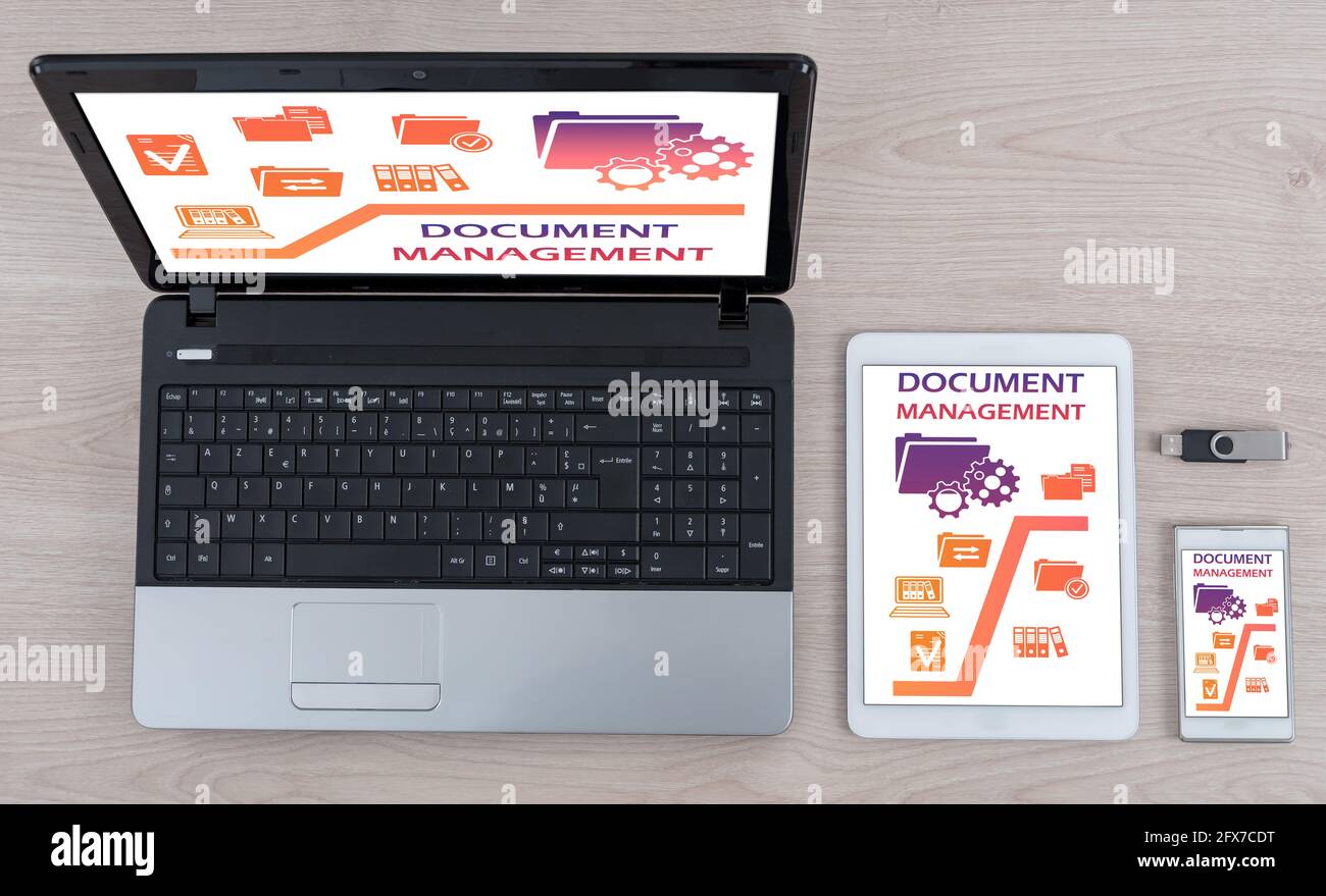 Document management concept shown on different information technology ...