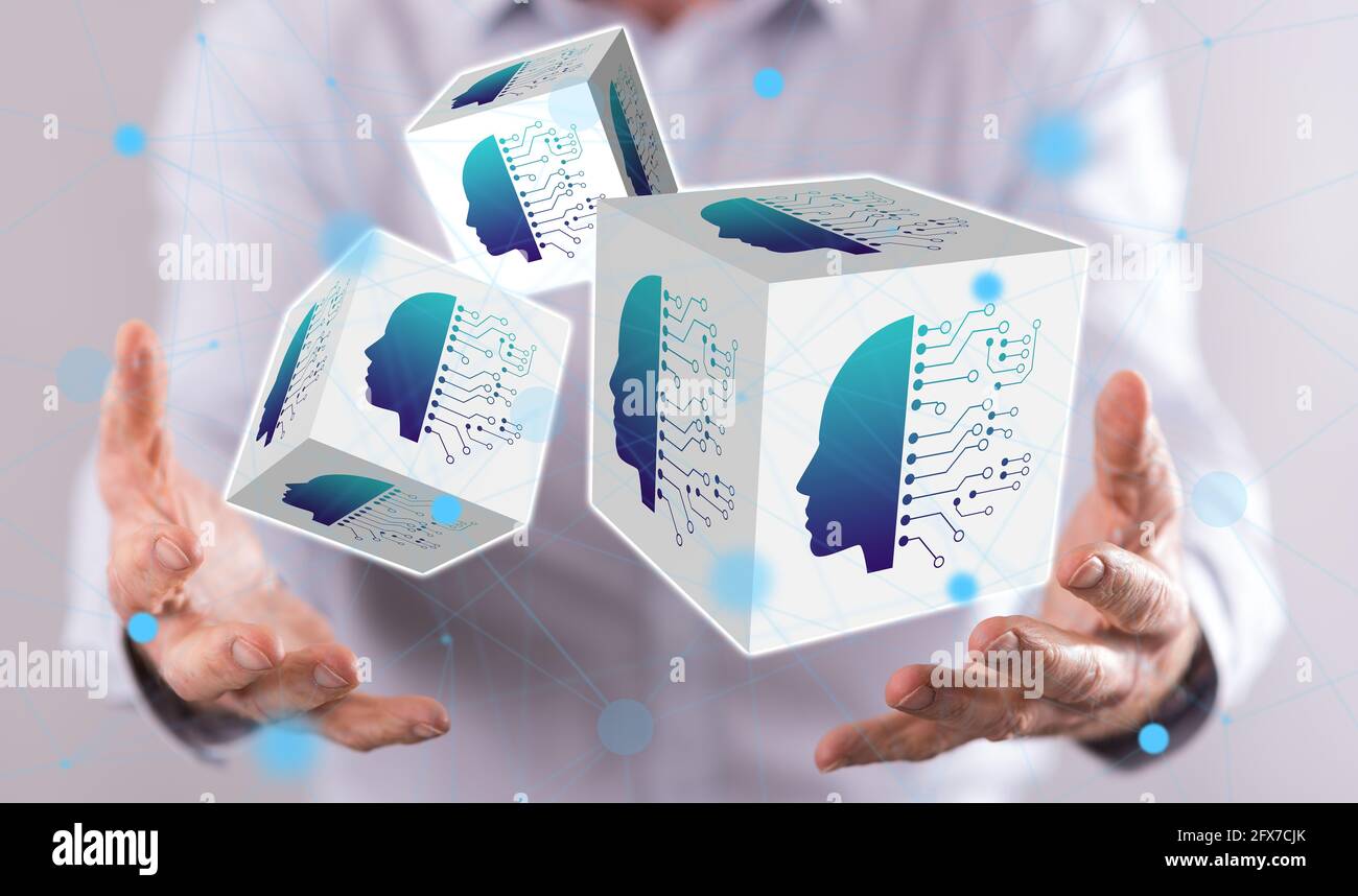 Machine learning concept above the hands of a man in background Stock ...