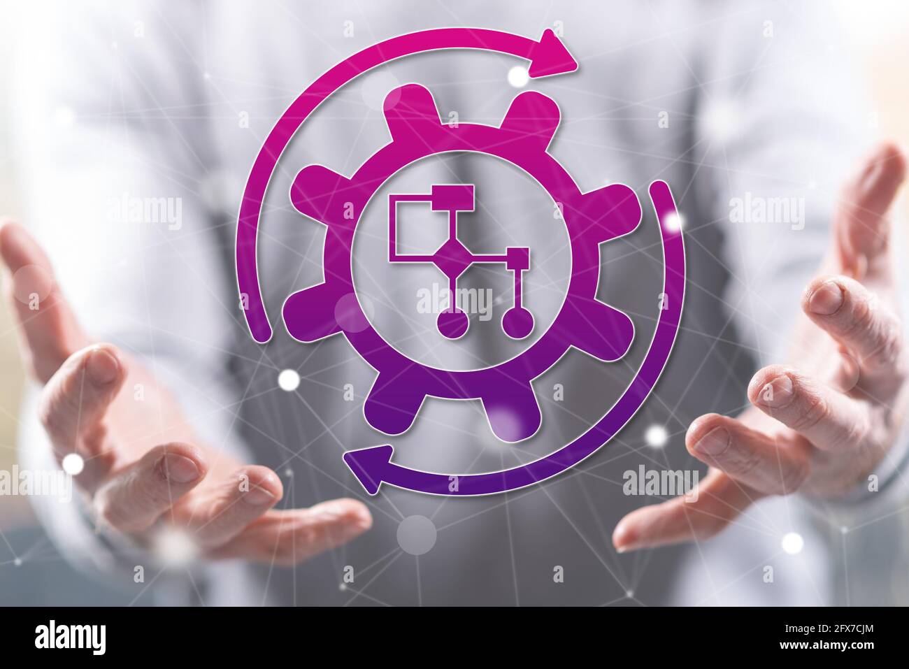 Workflow concept above the hands of a man in background Stock Photo - Alamy