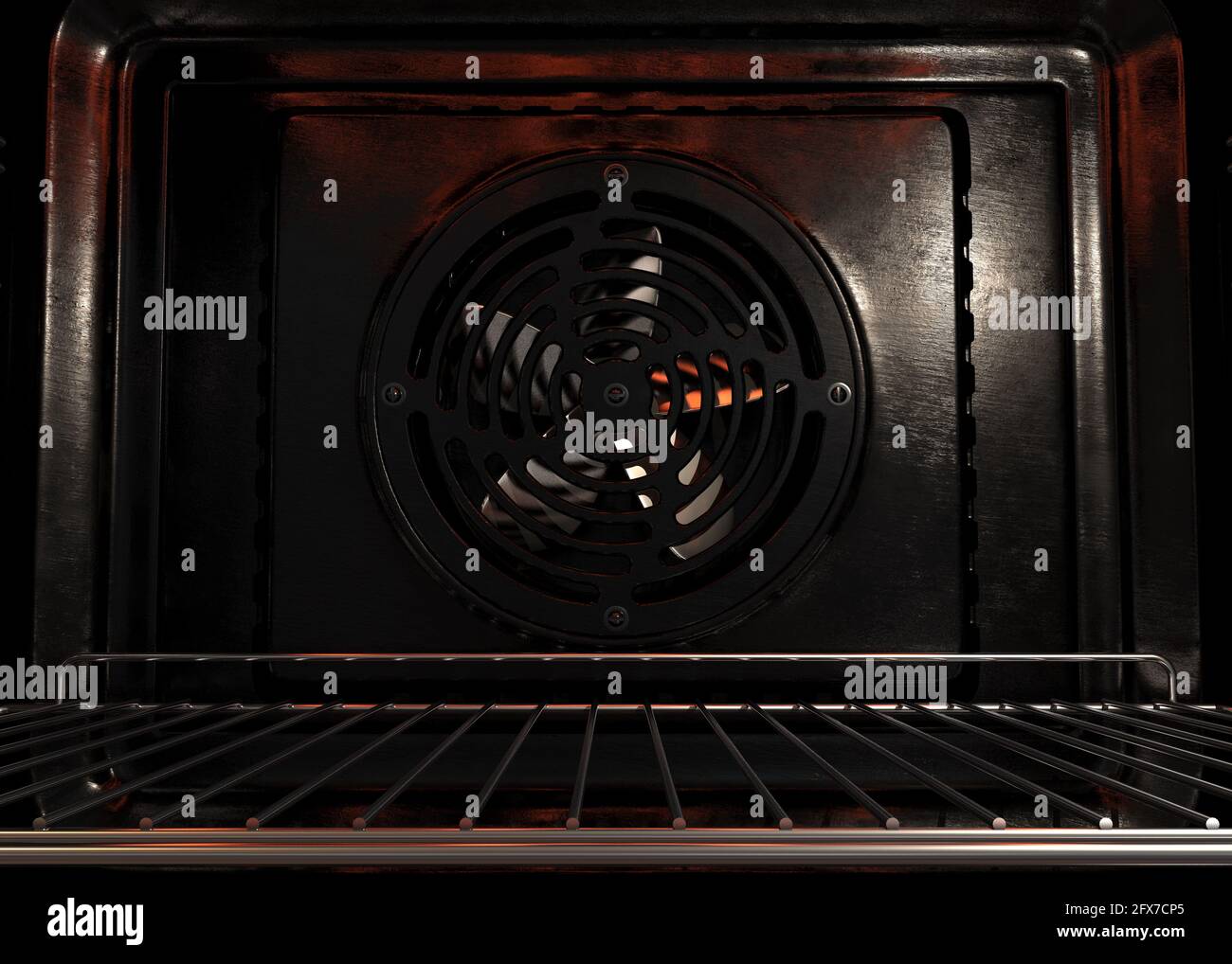 An upclose view of the inside of an empty operational household oven ...