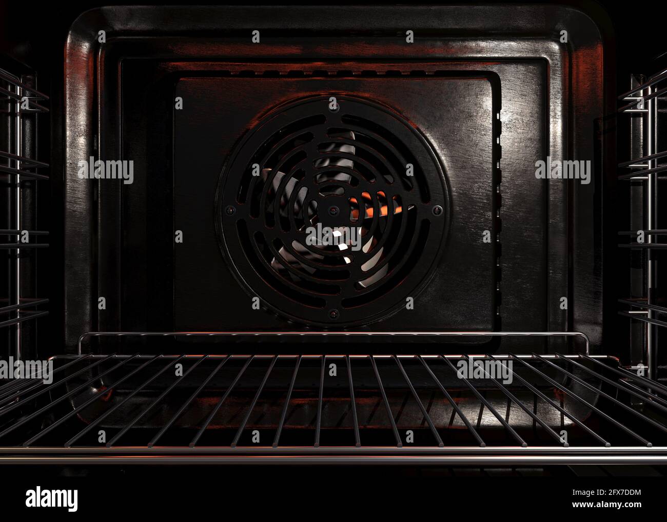 An upclose view of the inside of an empty operational household oven ...