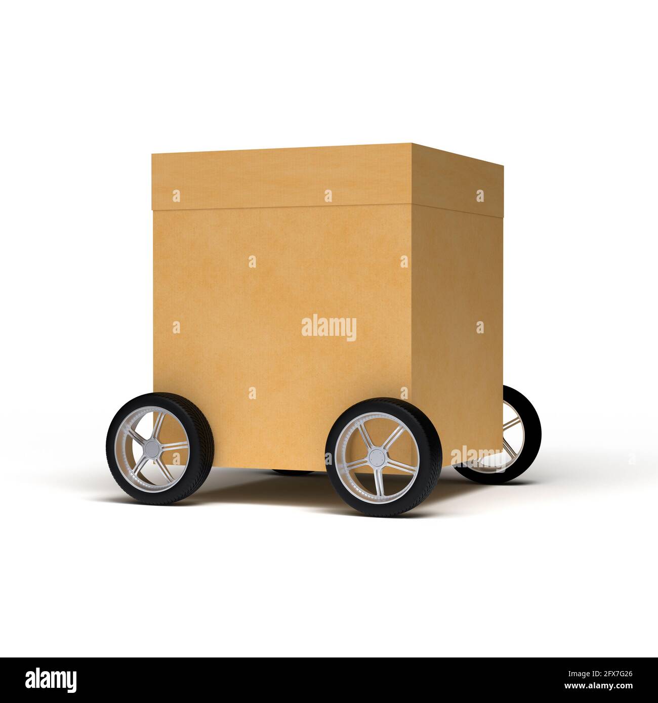 Cardboard box on wheels isolated on white background. 3D rendering ...