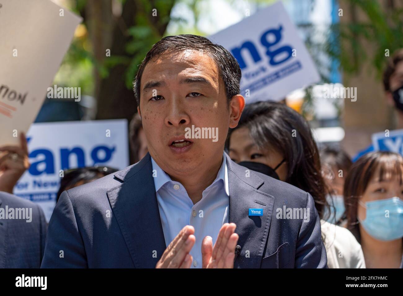NEW YORK, NY – MAY 25: Mayoral candidate Andrew Yang Speaks at press ...