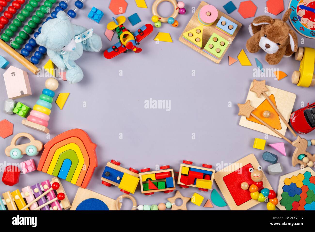 Baby kids toys frame. Colorful educational wooden plastic and fluffy ...