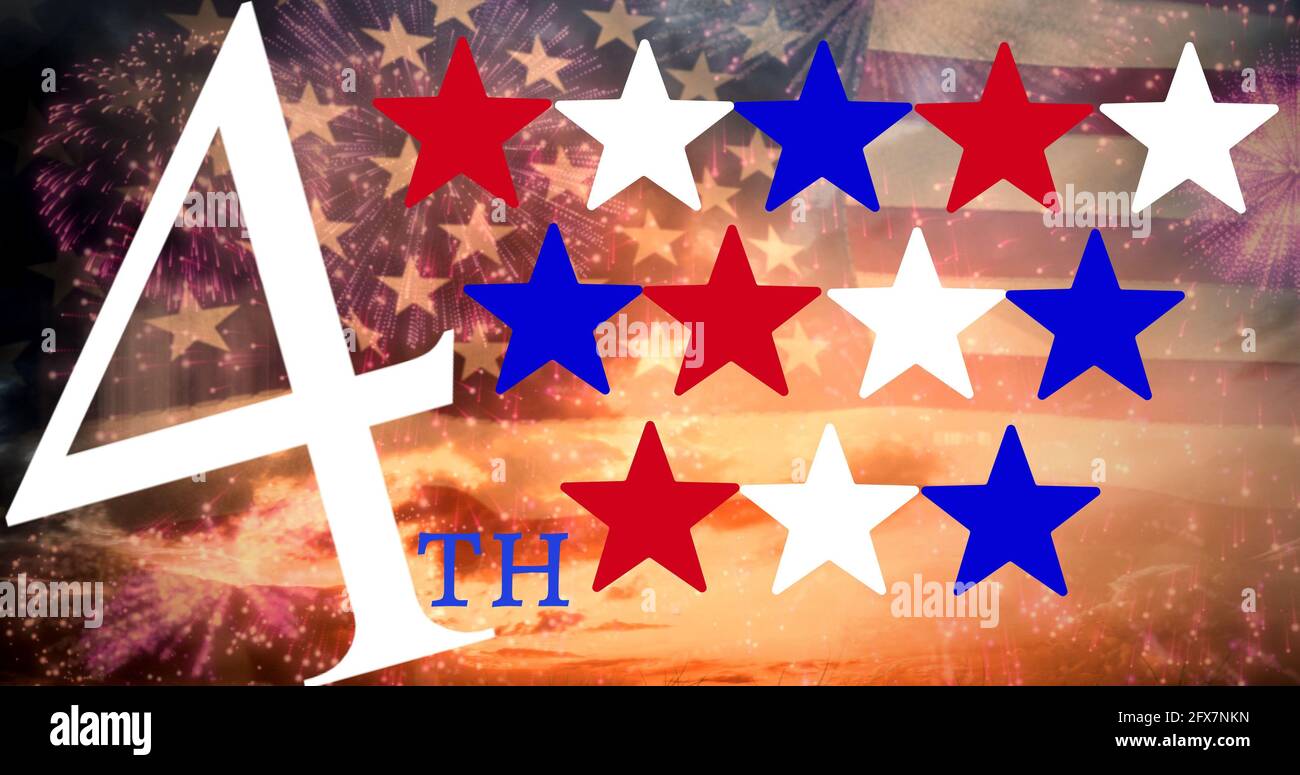 Composition of 4th text with blue, white and red stars over american ...
