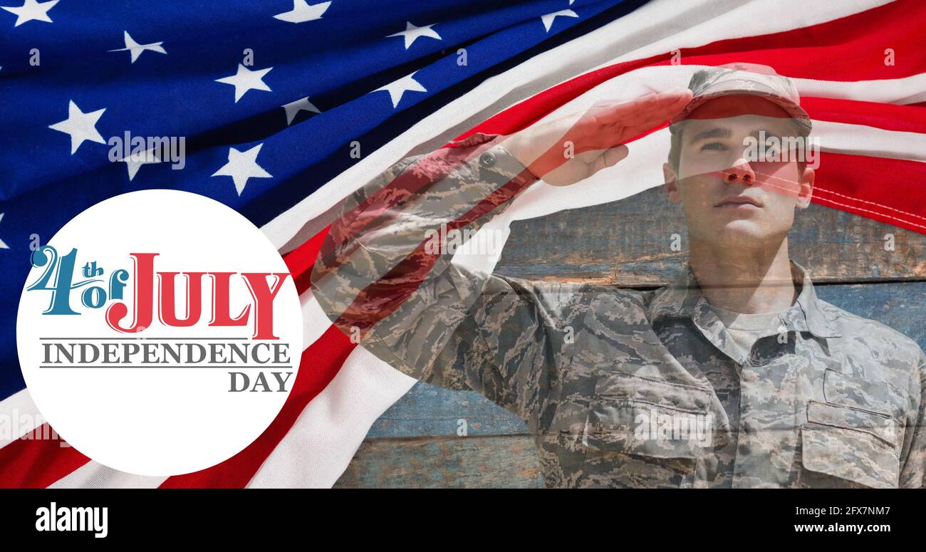 Composition of fourth of july text with saluting male soldier over ...
