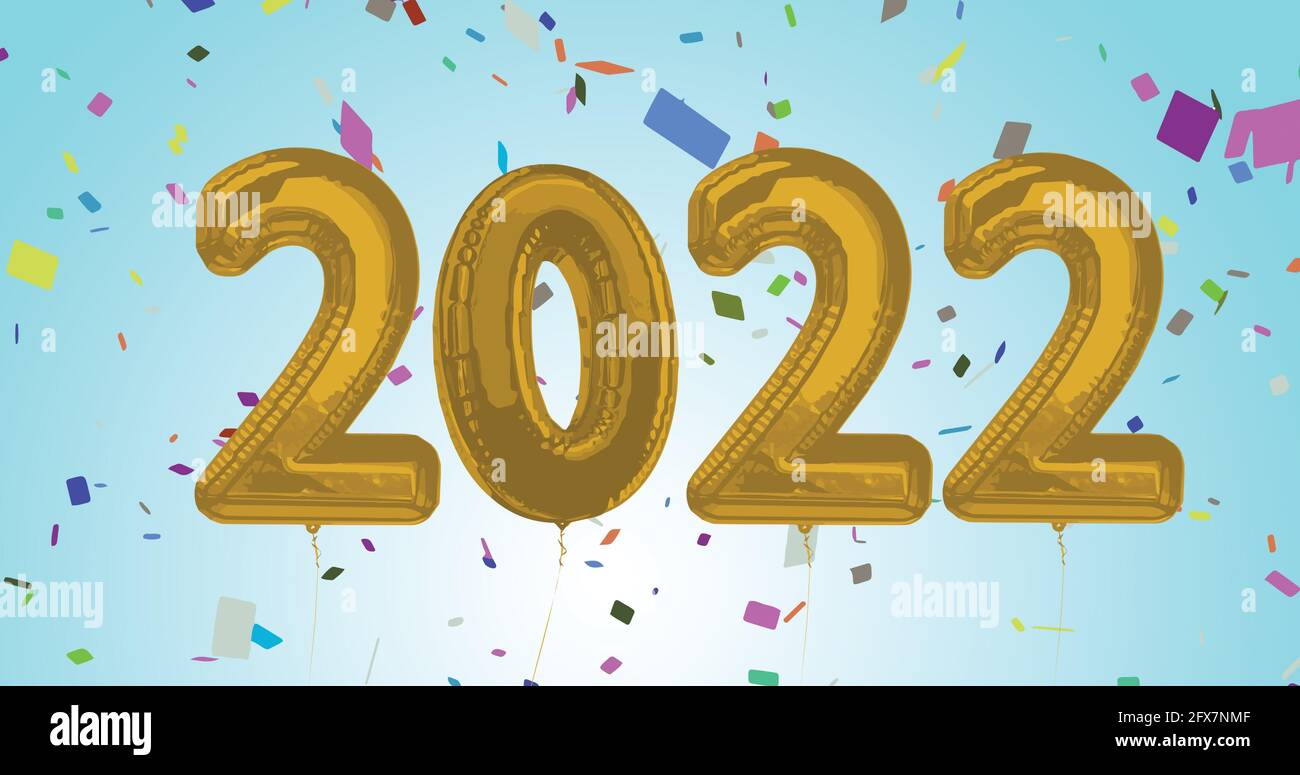 Composition of 2022 gold balloons numbers and confetti on blue ...