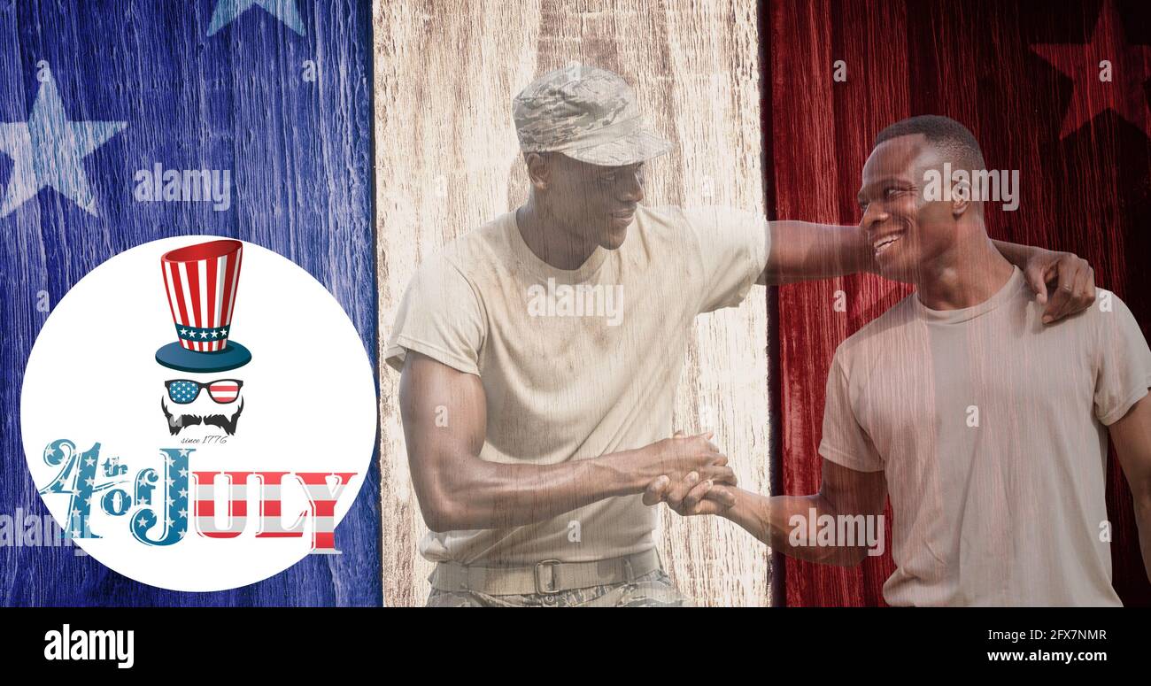 Composition of fourth of july text with smiling male soldiers shaking ...
