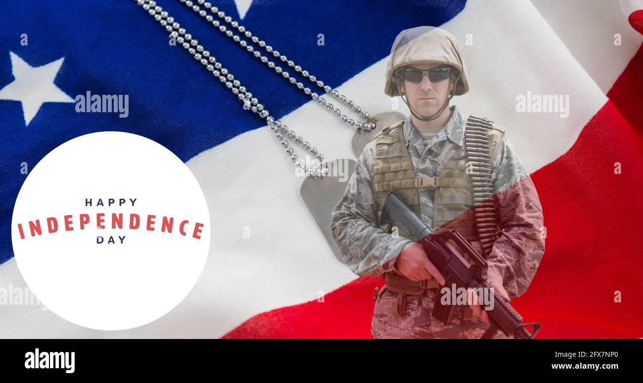 Composition of happy independence day text over soldier, name tag and ...