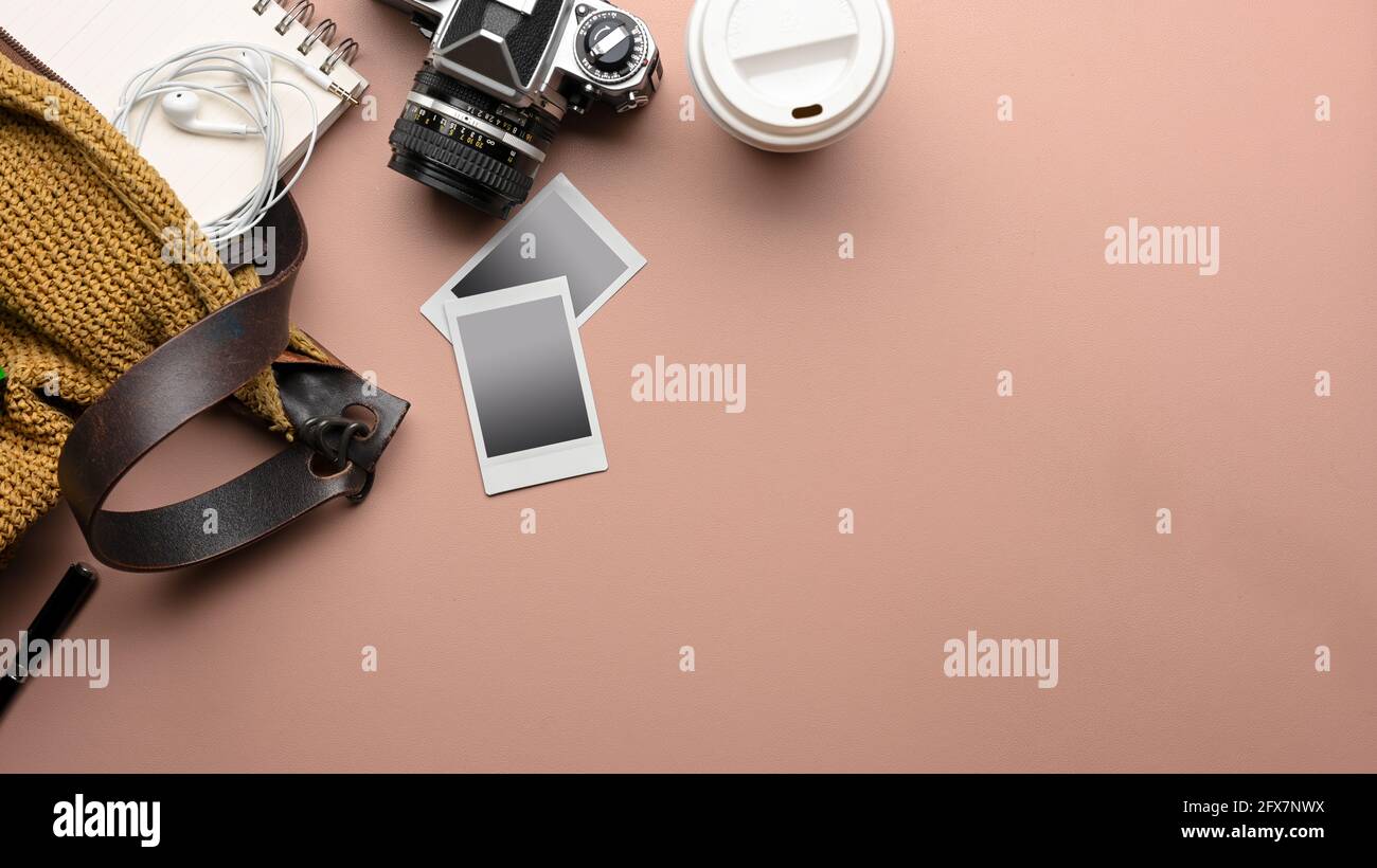 Creative mock up scene creative with camera, photo card frame, bag ...