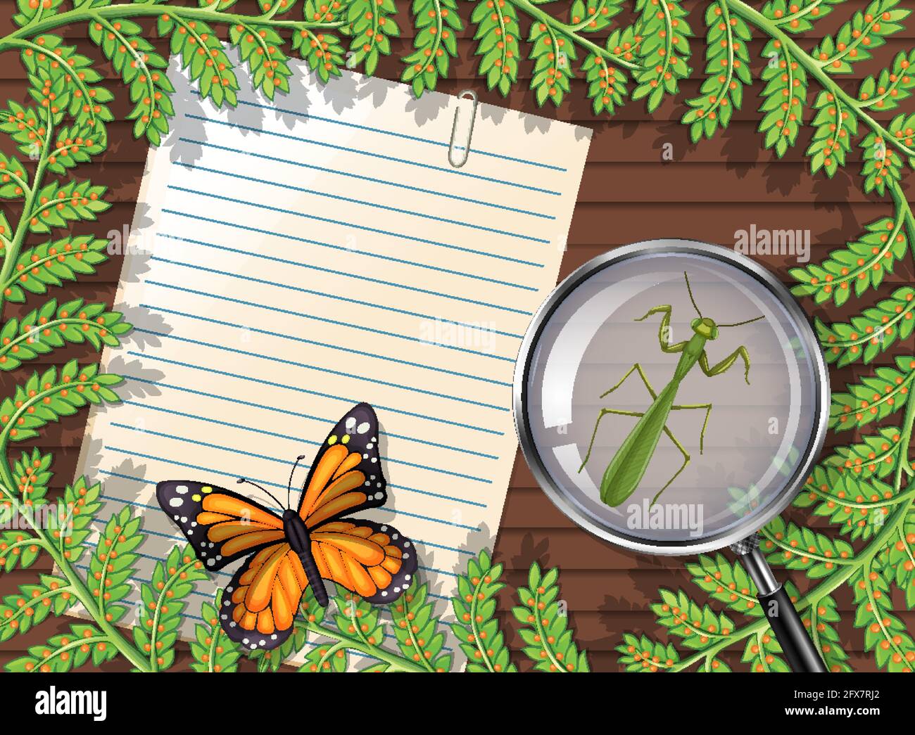 Top view of blank paper on table with leaves and insects elements ...