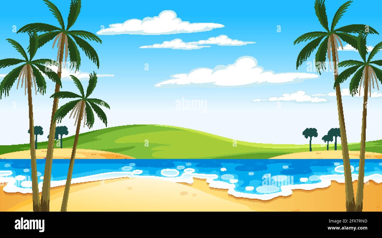 Beach at daytime landscape scene with sky background illustration Stock ...