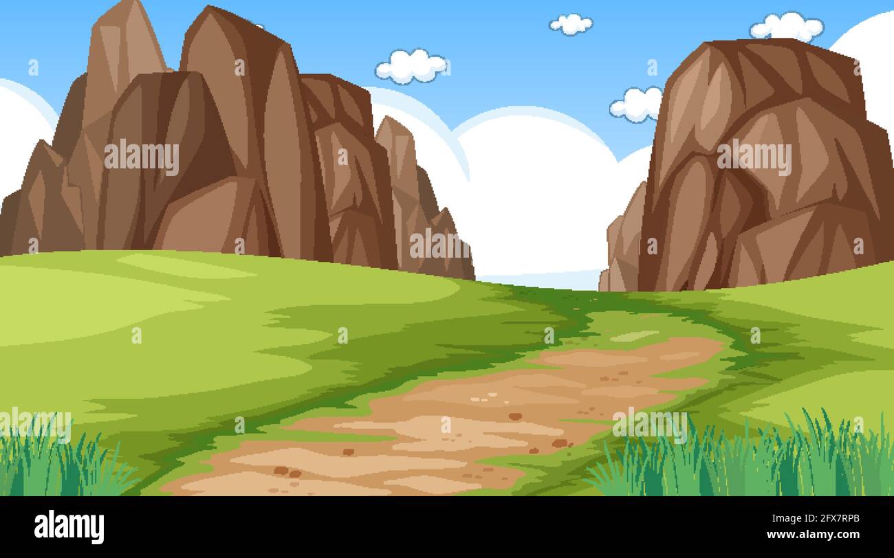 Blank nature park landscape at daytime scene with pathway through the meadow illustration Stock ...