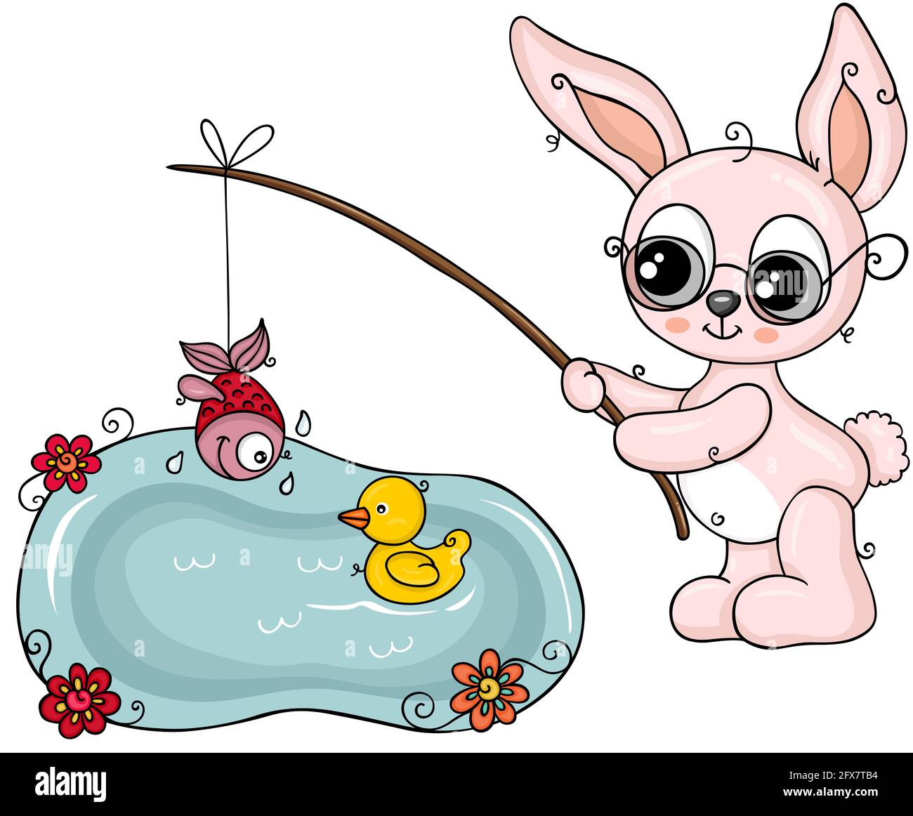 Cute bunny fishing a red fish in garden Stock Photo - Alamy