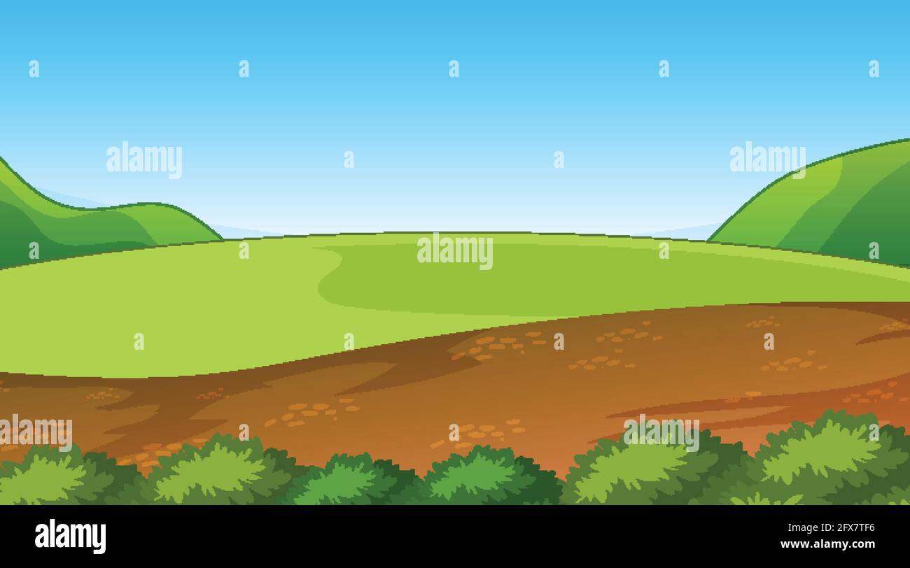 Blank nature park landscape at daytime scene with pathway through the meadow illustration Stock ...