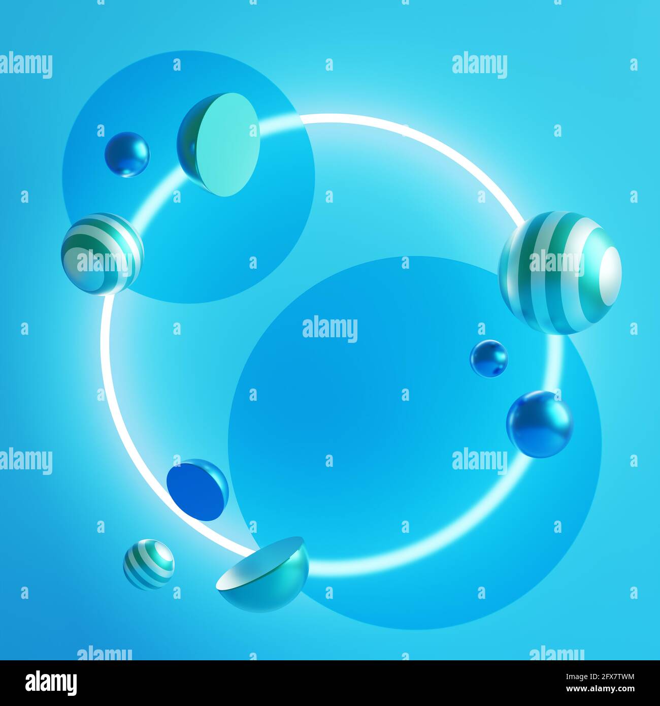 3D illustration with abstract geometric shapes surrounding a round ...