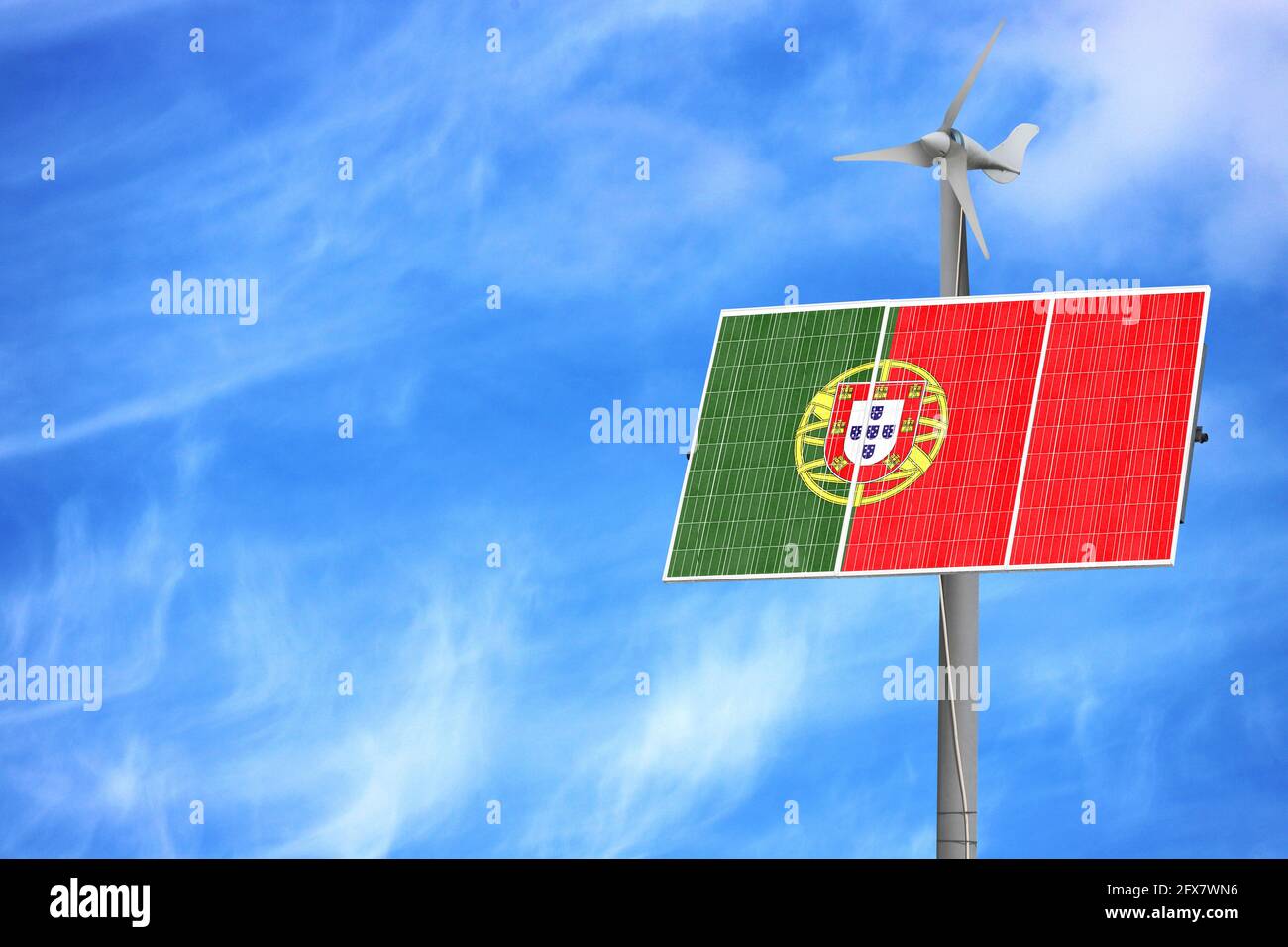 Solar panels against a blue sky with a picture of the flag of Portugal ...