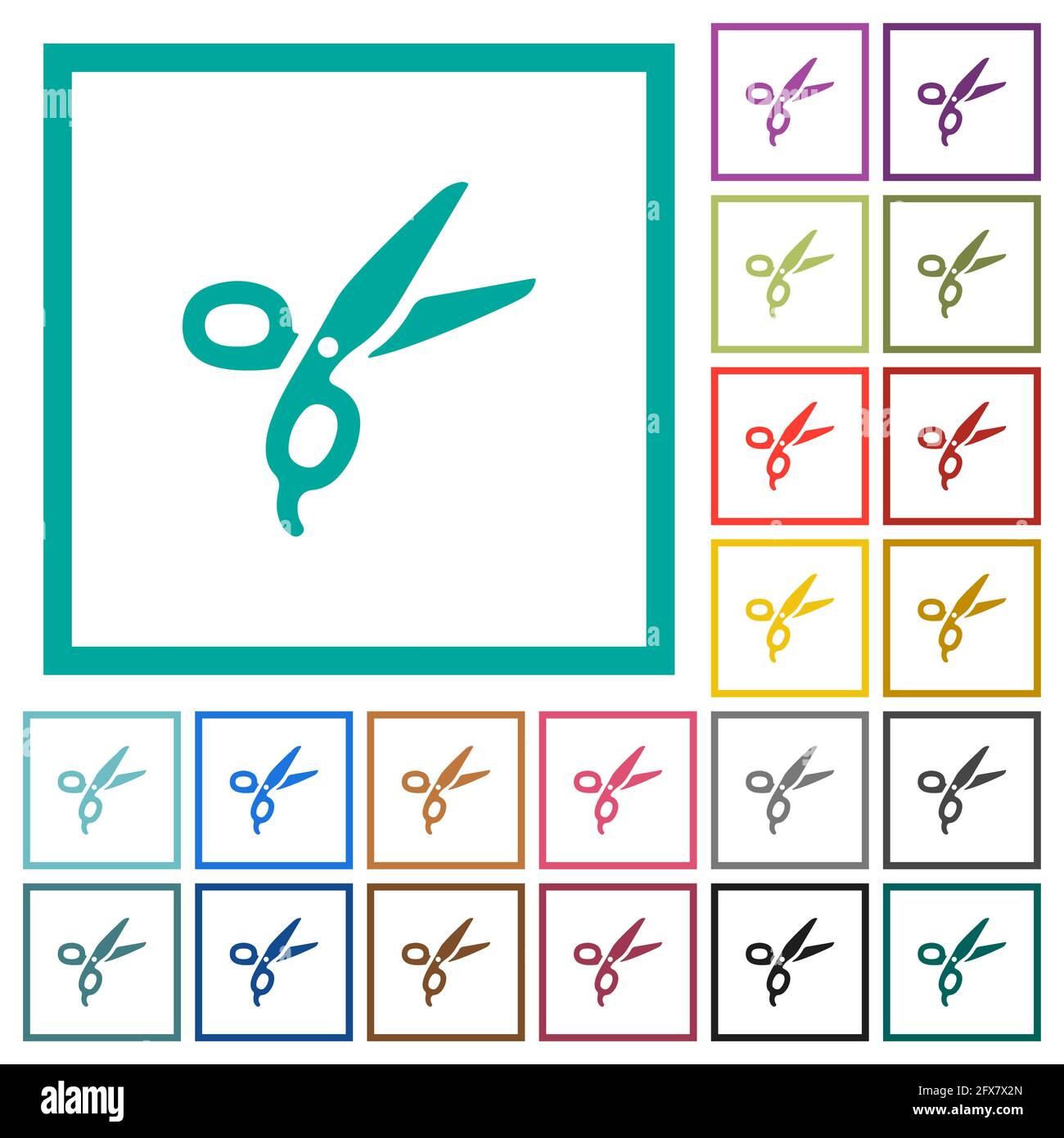 Barber scissors flat color icons with quadrant frames on white ...