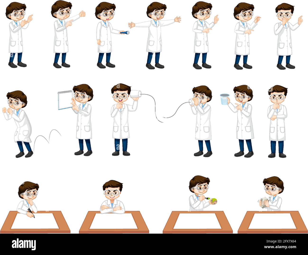 Set of a scientist boy in different poses cartoon character ...