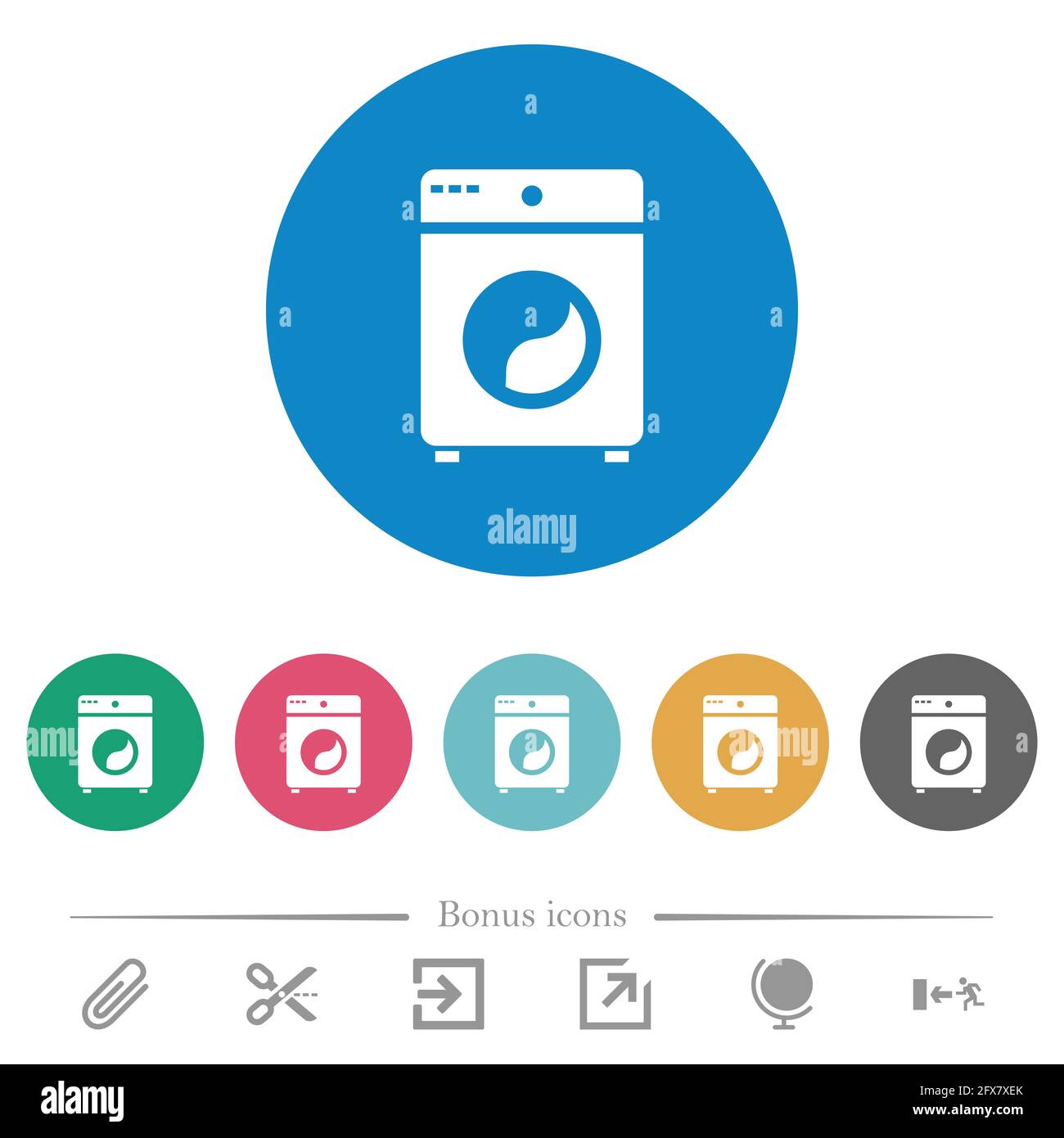 Washing machine flat white icons on round color backgrounds. 6 bonus ...