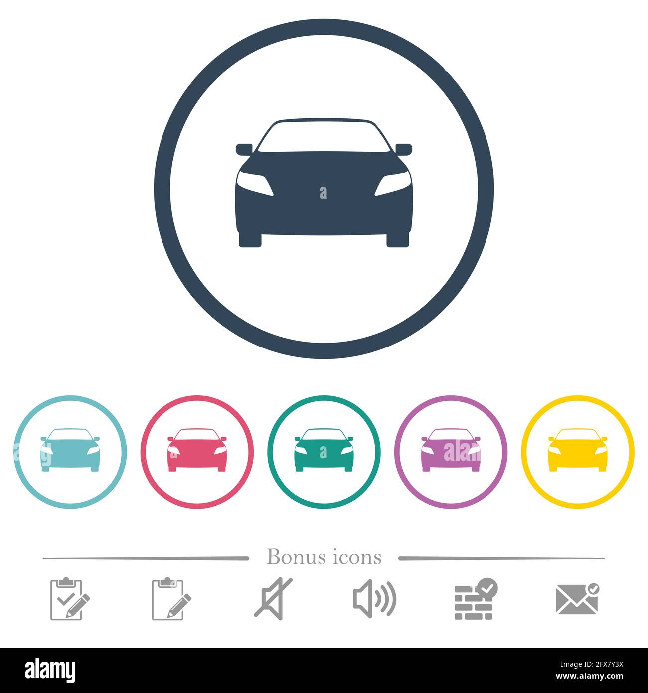 Sport car front view flat color icons in round outlines. 6 bonus icons ...