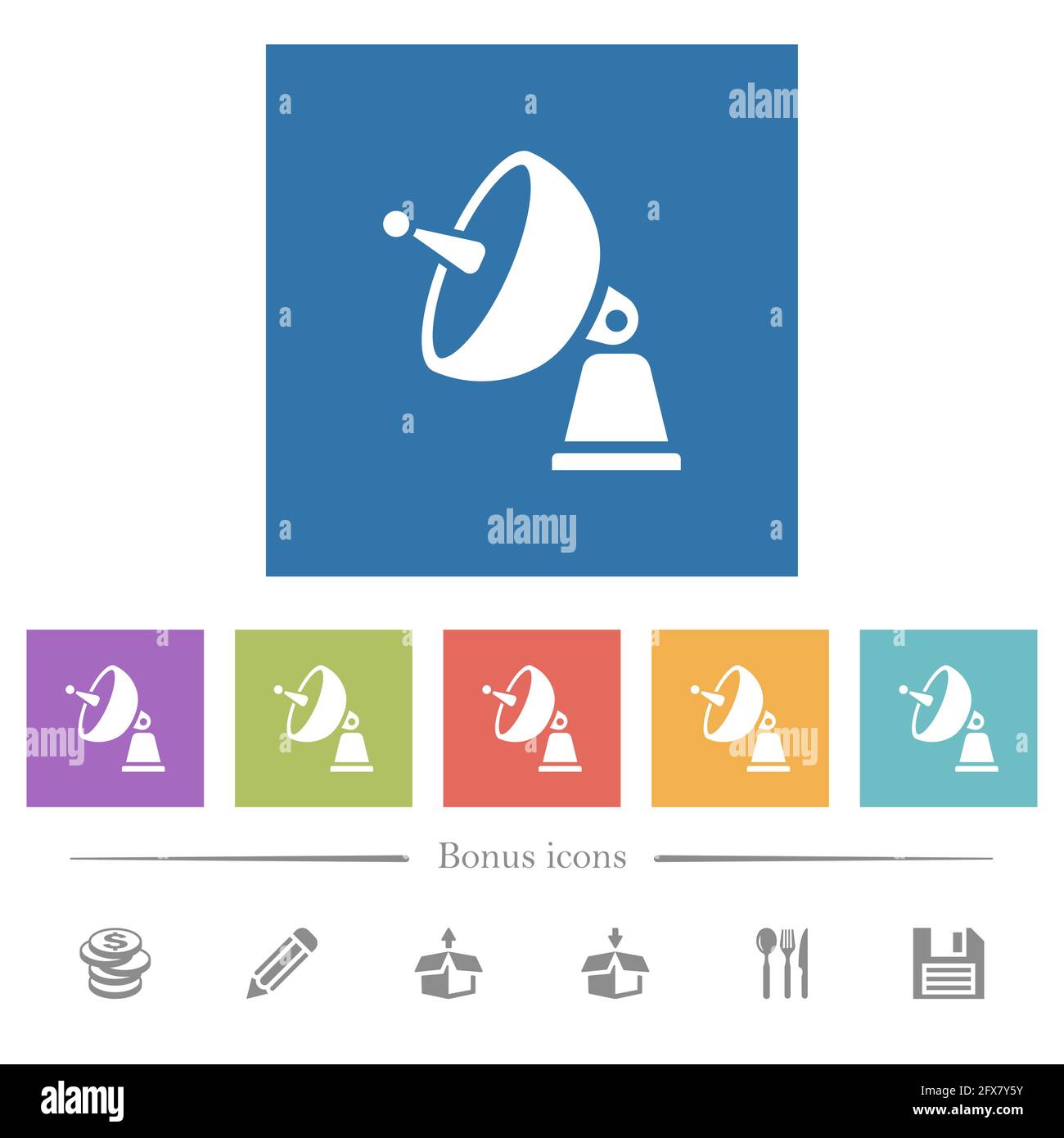 Satellite antenna flat white icons in square backgrounds. 6 bonus icons included Stock Vector ...