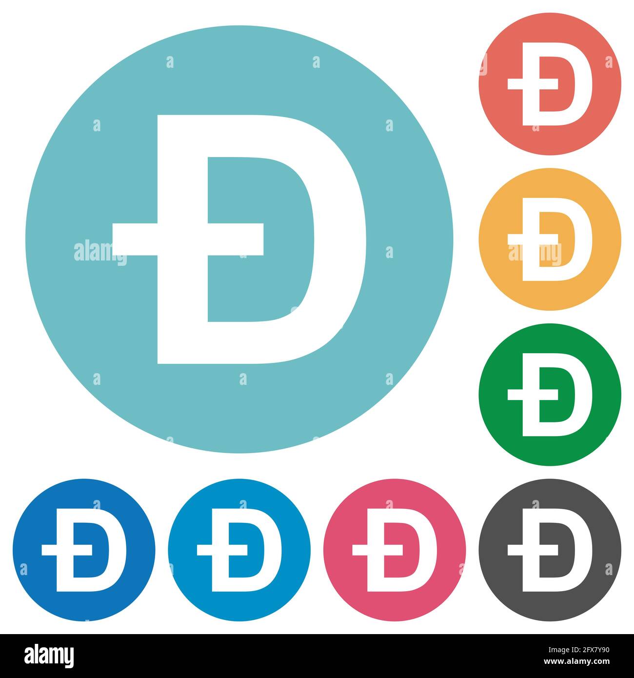 Dogecoin digital cryptocurrency flat white icons on round color ...
