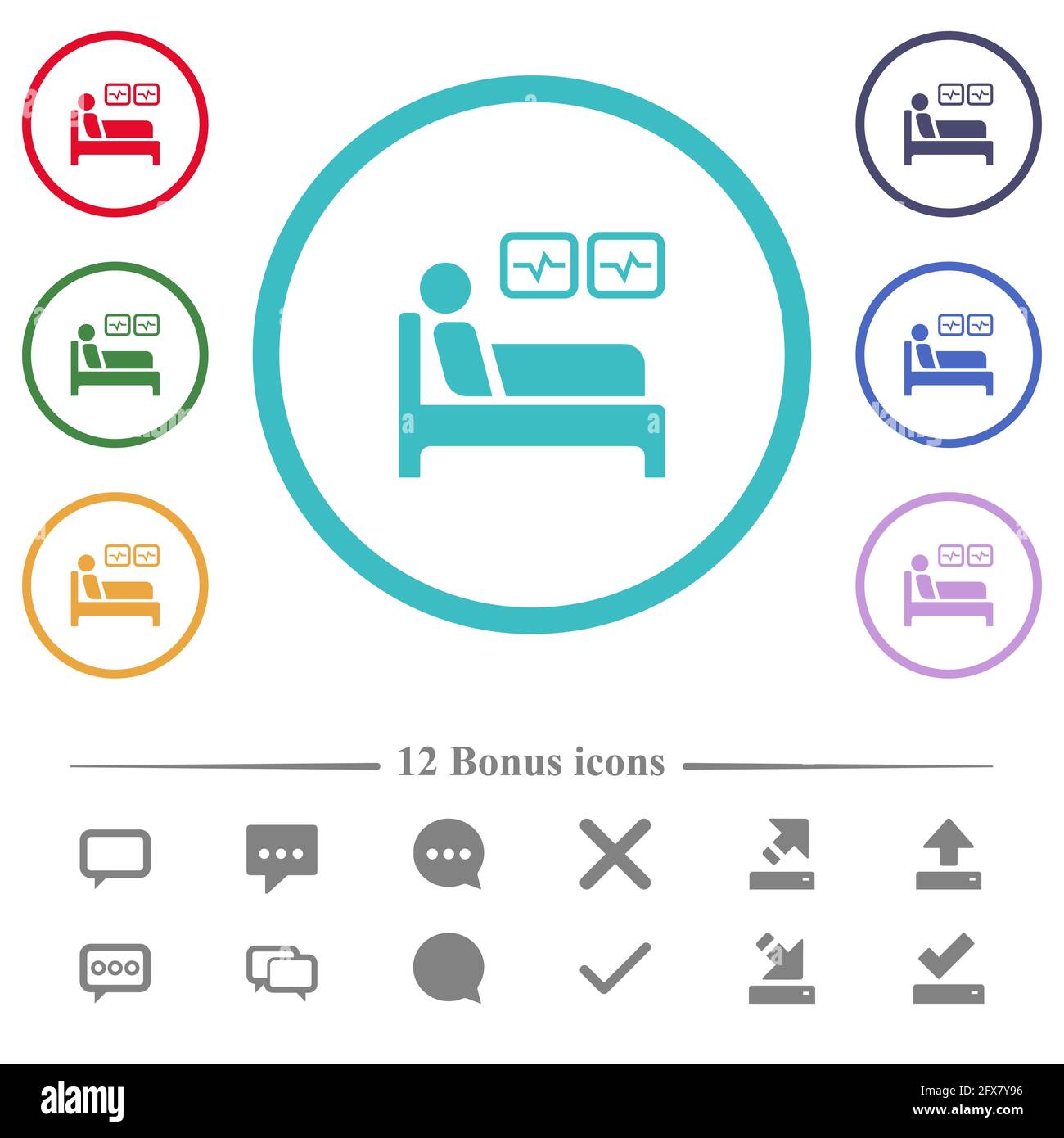Intensive care flat color icons in circle shape outlines. 12 bonus ...