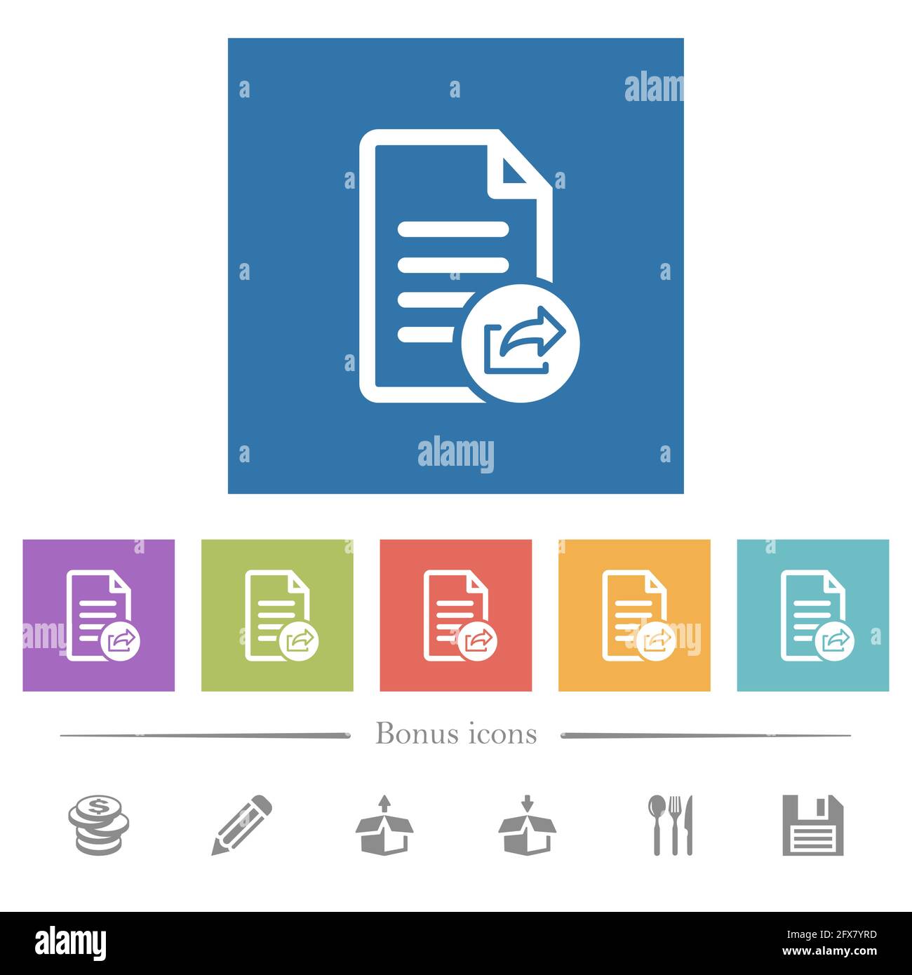 Export document flat white icons in square backgrounds. 6 bonus icons ...