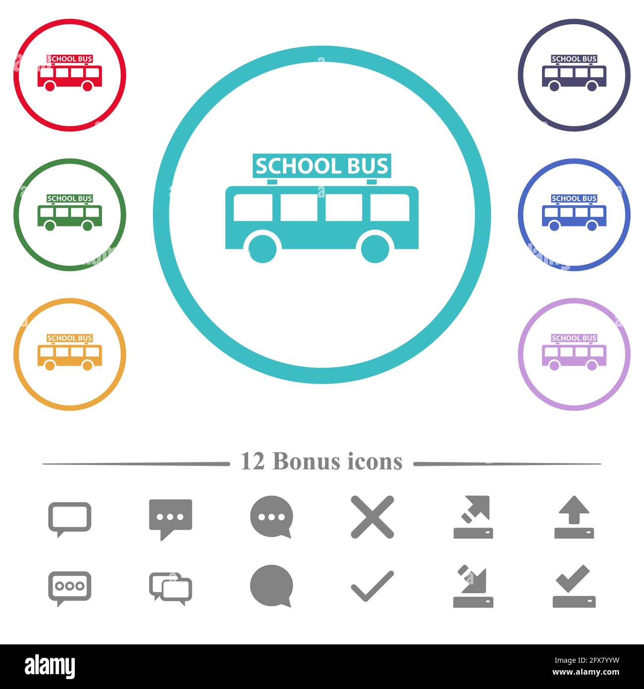 school bus side view flat color icons in circle shape outlines. 12 ...