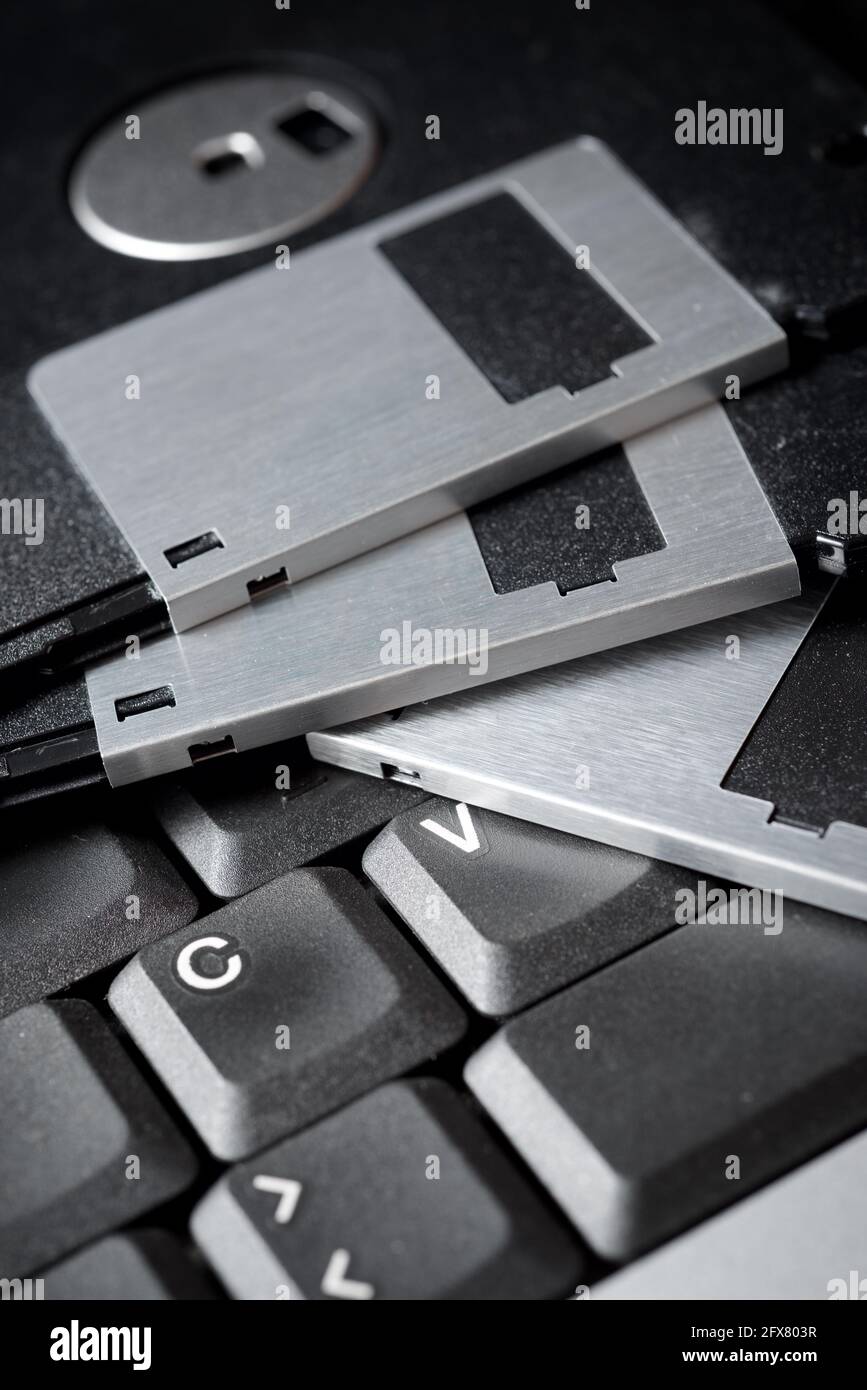 Old floppy disks on a keyboard Stock Photo - Alamy