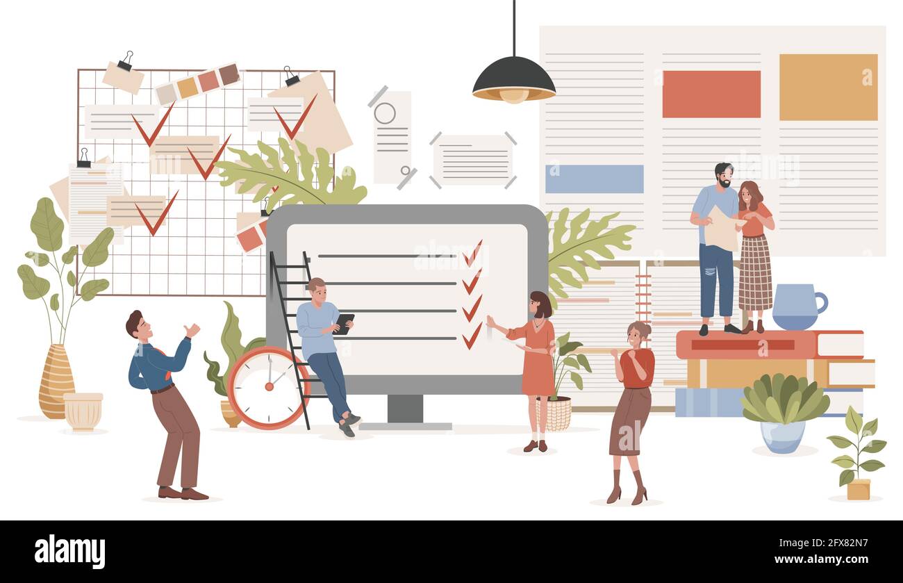 Time management vector flat illustration. Happy smiling people planning ...