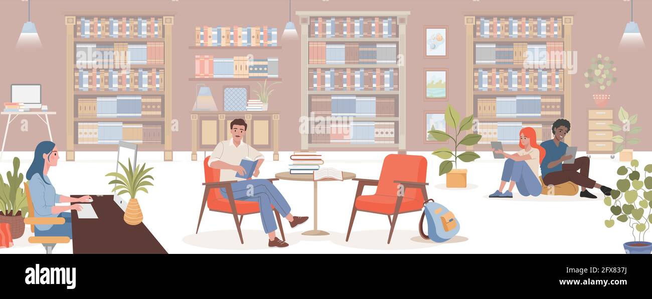 Modern library interior design with shelves and racks with books ...