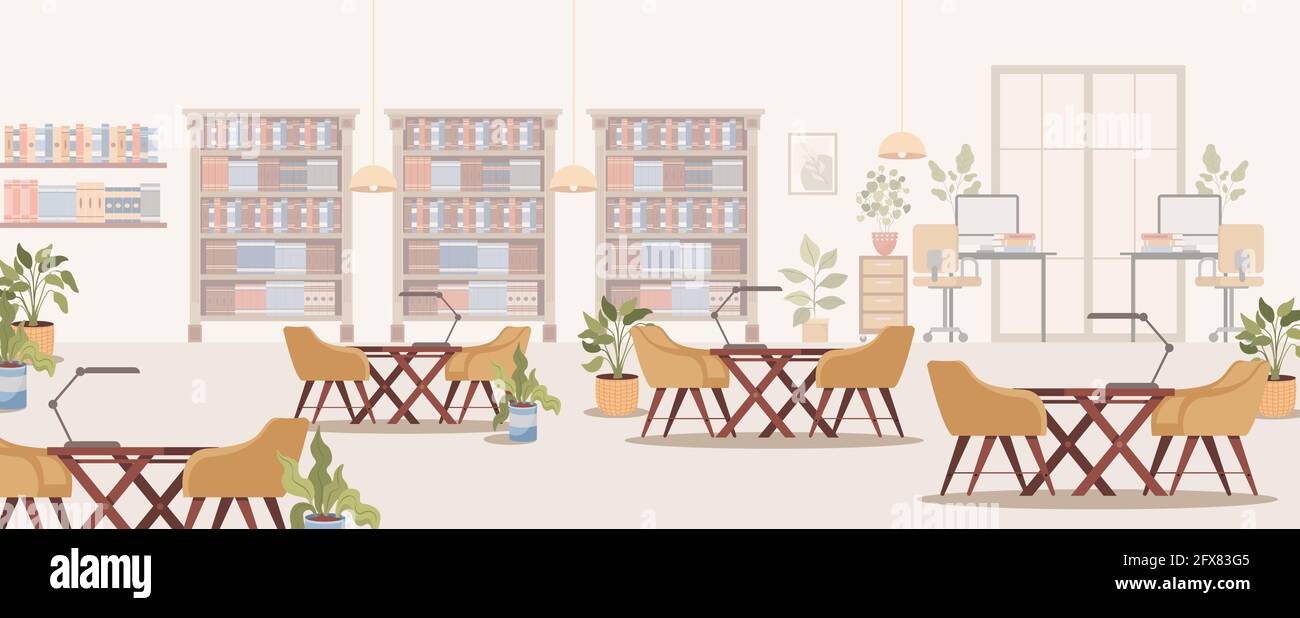 Modern library interior design with shelves, racks with books ...