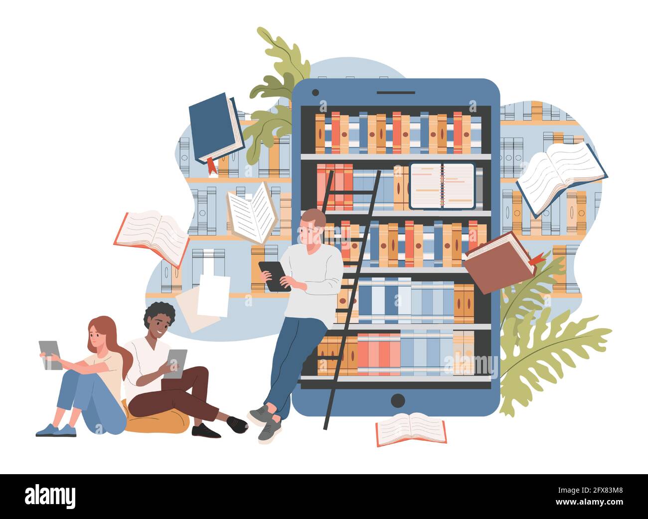 Online library vector flat illustration. People sitting near smartphone ...