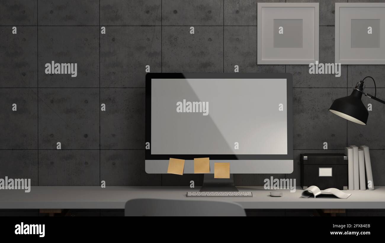 3D rendering, home office room interior design with computer desk ...