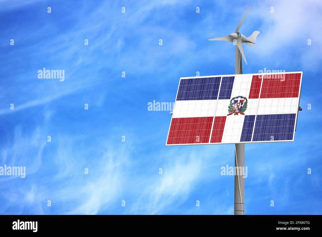 Solar panels against a blue sky with a picture of the flag of Dominican ...