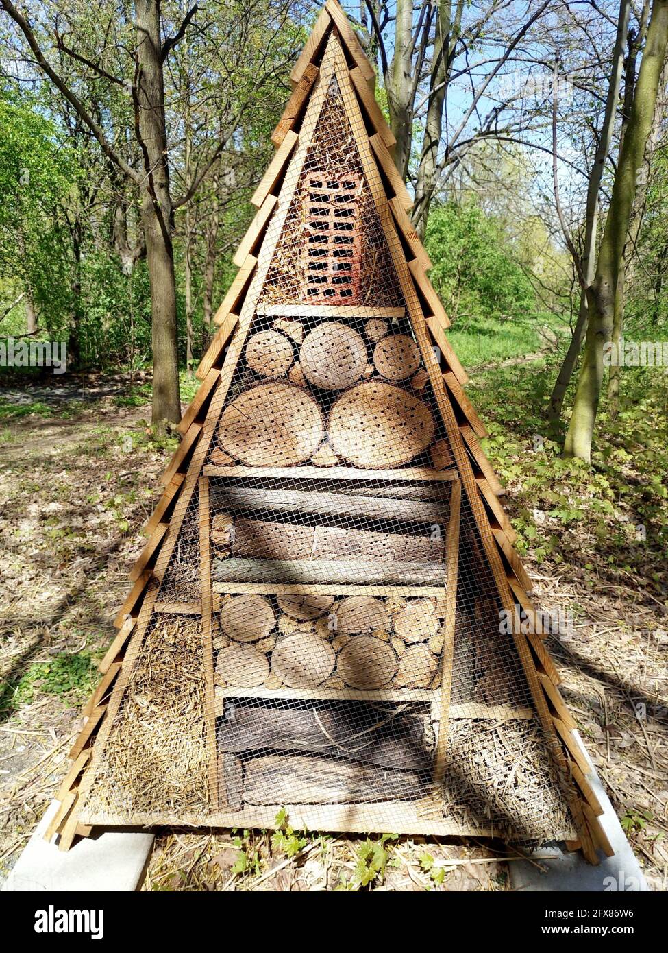 Vertical shot of a wooden bee house with a metal wire fence and a ...