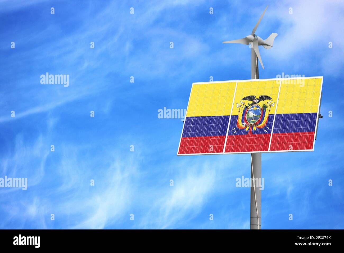 Solar panels against a blue sky with a picture of the flag of Ecuador ...