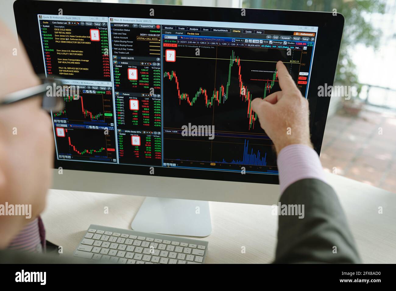 Over shoulder view of stock market analyst pointing at computer monitor while working with ...