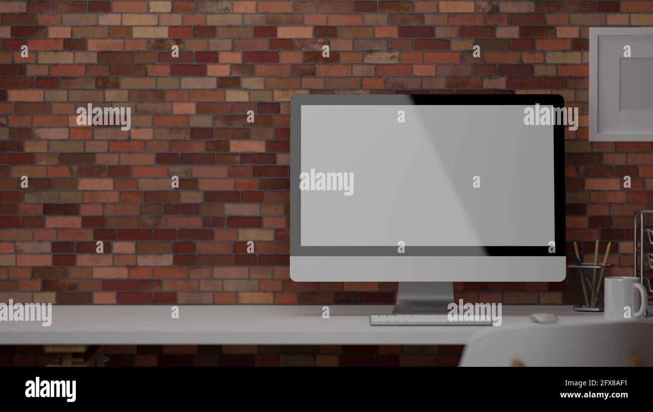 3D rendering, computer desk, supplies, decorations and copy space on ...