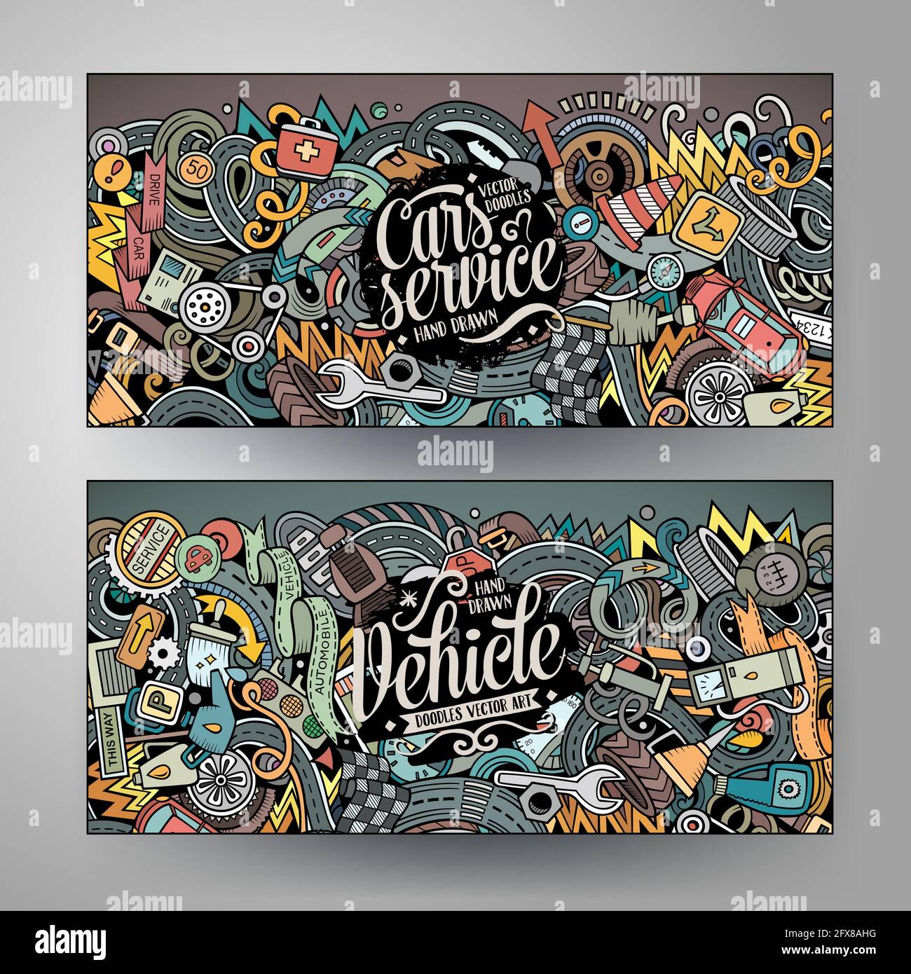 Cartoon cute colorful vector hand drawn doodles automotive banners ...