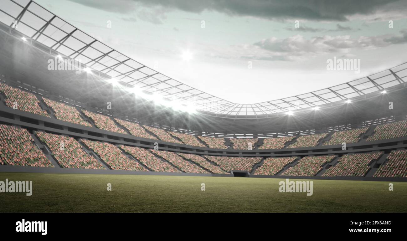 Composition of empty sports stadium with glowing spotlights Stock Photo ...