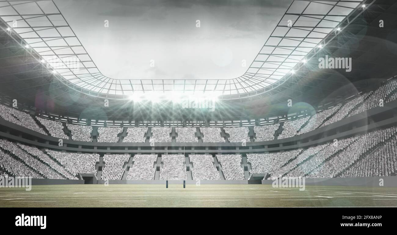 Composition of empty sports stadium with glowing spotlights Stock Photo ...