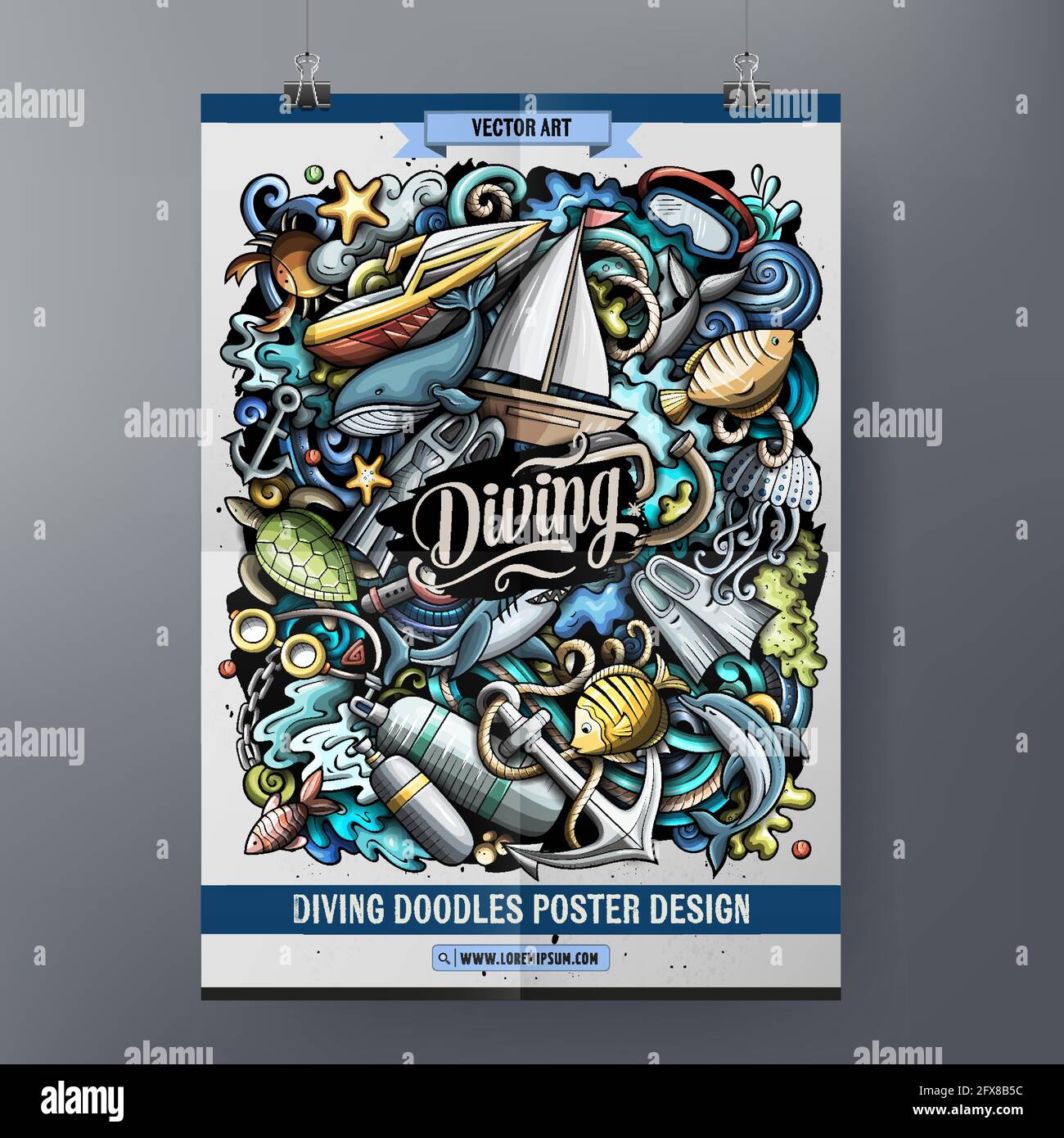 Cartoon colorful hand drawn doodles Diving poster template Stock Vector ...