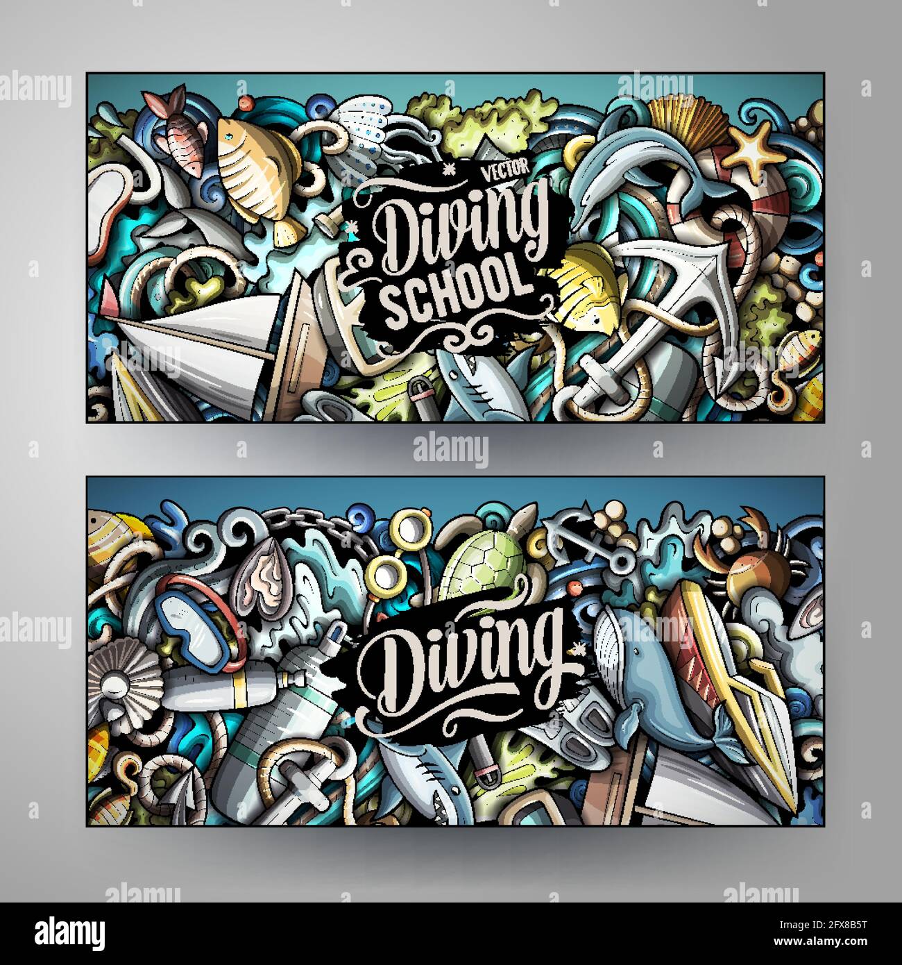 Cartoon cute colorful vector doodles Diving corporate identity Stock ...