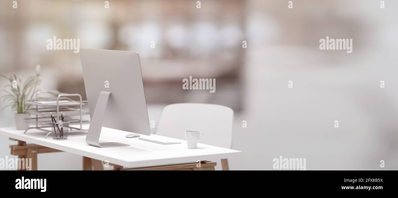 3D illustration, Side view of office desk with computer, cup and office ...
