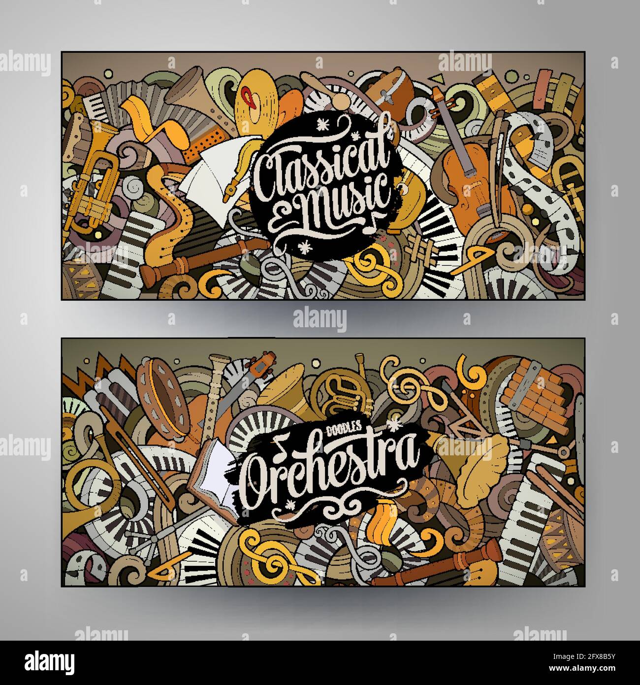 Cartoon cute colorful vector hand drawn doodles Classic music banners ...
